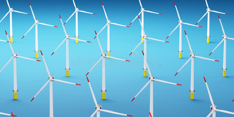 Array of Wind Turbines on Gradient Blue Background. Renewable Energy ...