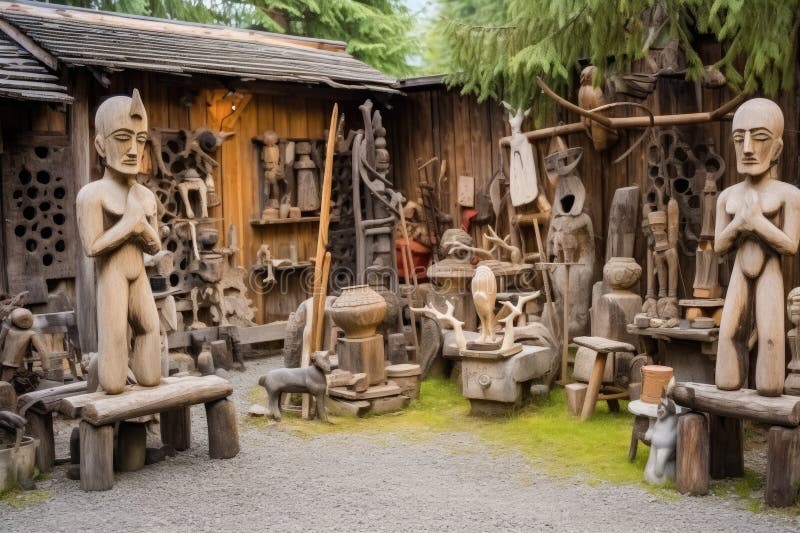 An Array of Wooden Sculptures Outside a Rustic Cabin Stock Image ...