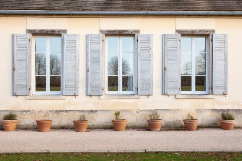 An Array of Wooden Shuttered Windows on a White-washed Country House ...