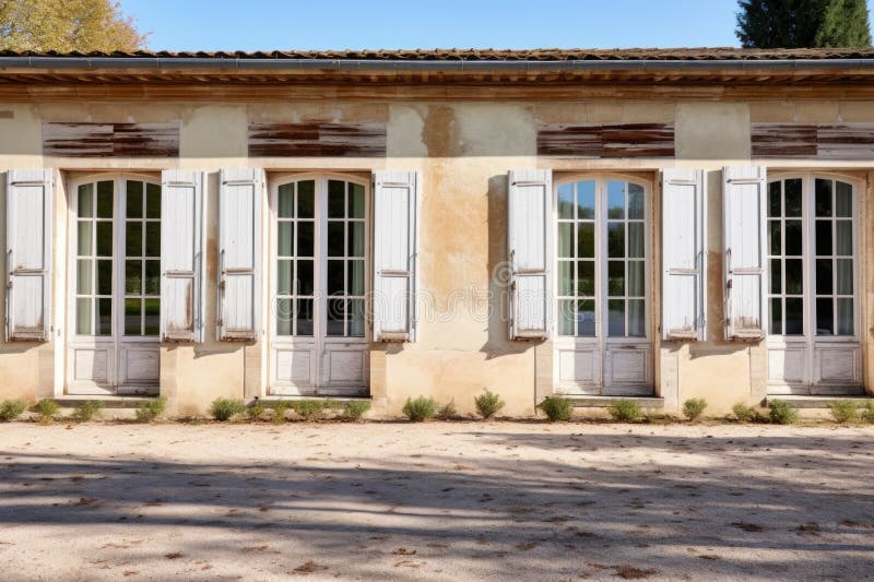 An Array of Wooden Shuttered Windows on a White-washed Country House ...