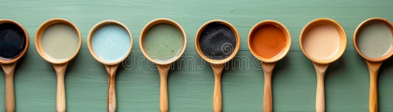 Array of Wooden Spoons on Green Background, Kitchen Utensils for ...