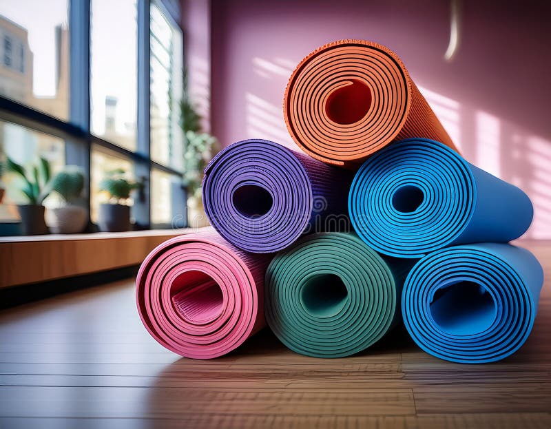An Array of Yoga Mats in Various Colors are Neatly Stacked Stock ...