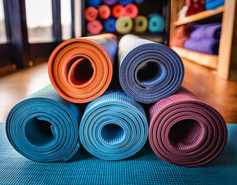 An Array of Yoga Mats in Various Colors are Neatly Stacked Stock ...