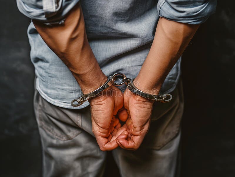 Arrested Criminal Man with Handcuffs Behind. Hands in Handcuffs Stock ...