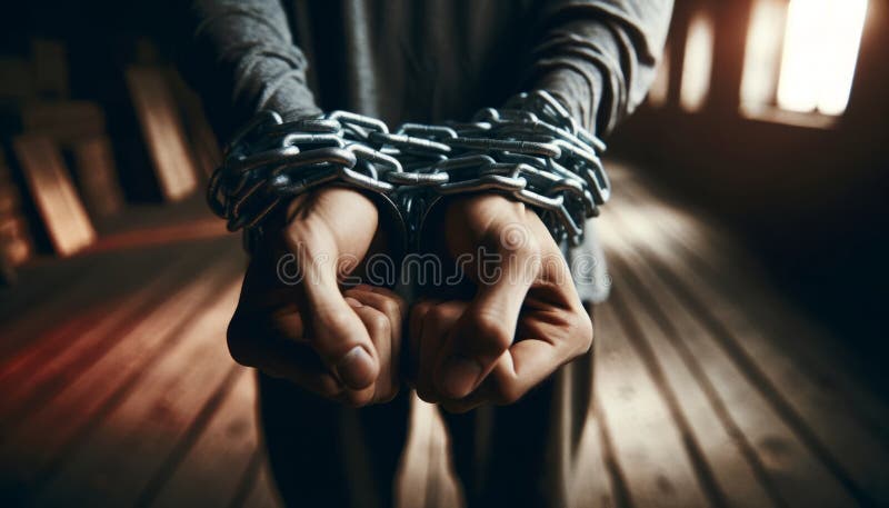An Arrested Man Holds His Hands in Front of Him in Iron Chains in ...