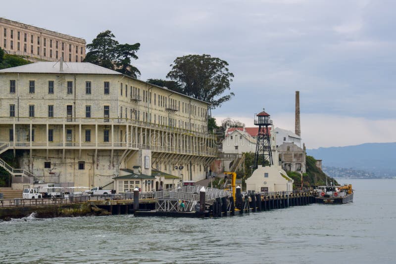 Alcatraz Island`s Boat Ship Dock with the Barracks or Appartments and ...