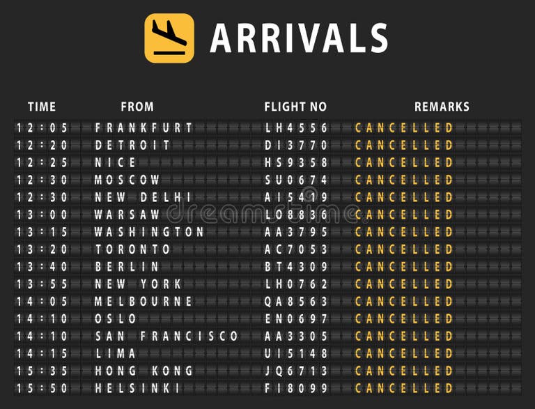 Arrivals All Cancelled, Flight Information Board, Vector Illustration ...