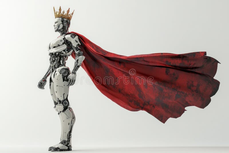 Generative Ai, Arrogant Robot with Crown and Red Cape Fluttering, Side ...