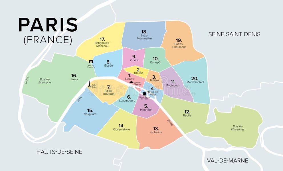 Arrondissements of Paris, Capital of France, Colored Political Map ...