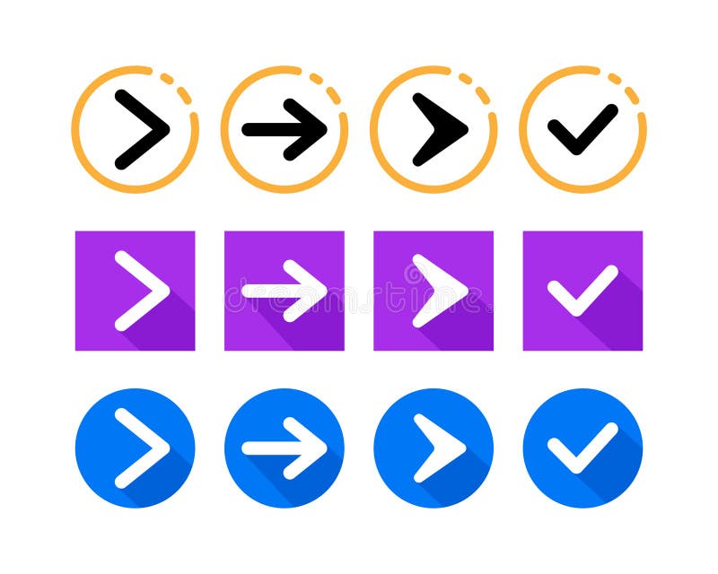 Flat Arrow Right Direction and Check Mark Icons Set – Circular, Square ...
