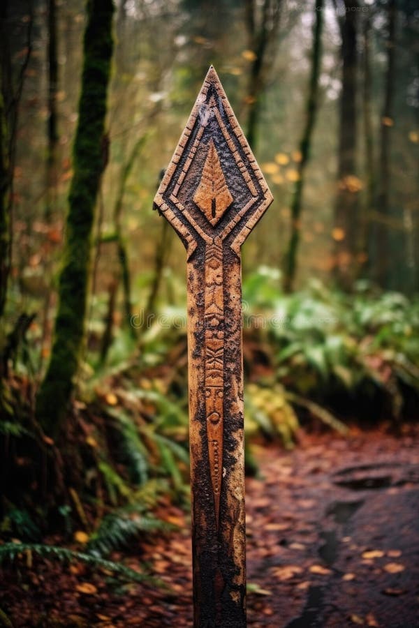 Arrow Carving on a Rustic Wooden Signpost in a Forest Stock ...