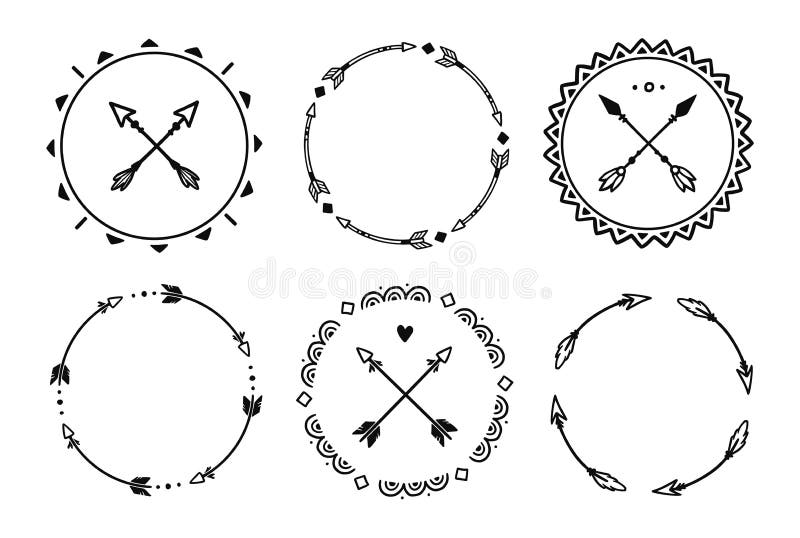 Arrow Circle American Pattern Frame Set. Hand Drawn Doodle Boho, Rustic ...