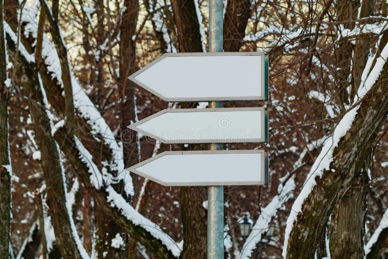 Arrow Direction Signs on a Pole in a Winter Forest or Park. Free Space ...