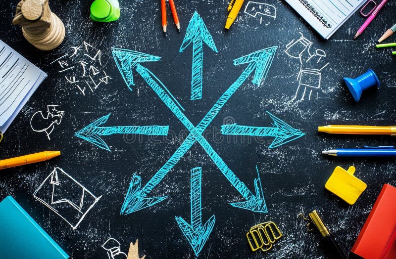 Arrow Direction Sketch with Office Supplies, Decision Making, Planning ...