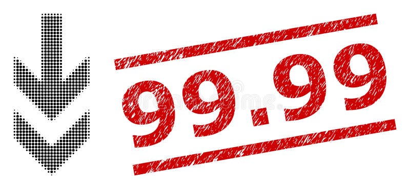 Grunge 99.99 Seal Stamp and Halftone Dotted Arrow Down Stock Vector ...
