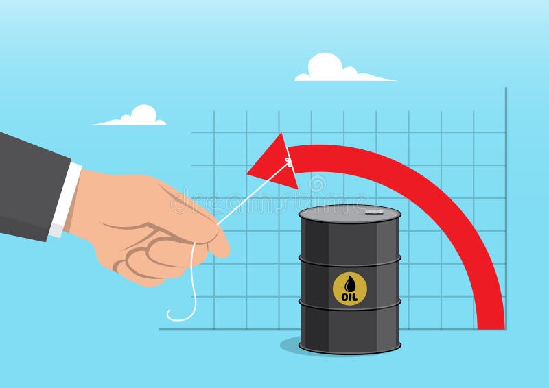 A Hand Pulling a Red Downward Arrow Over an Oil Barrel Stock Vector ...