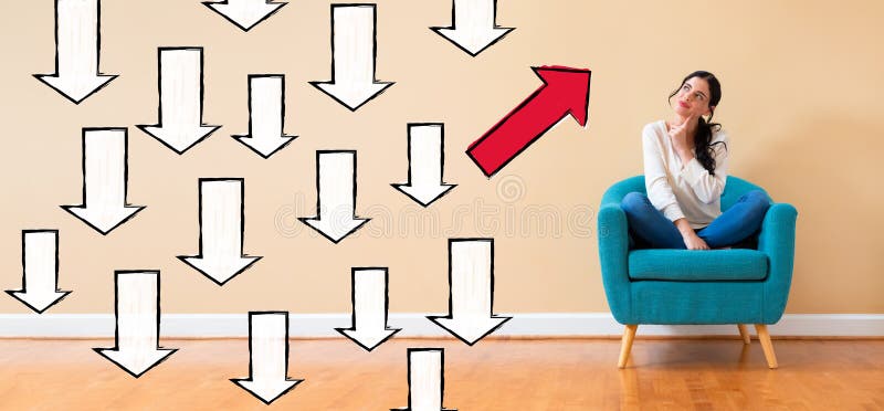 Arrow Going in a Different Direction with Woman in a Thoughtful Pose ...