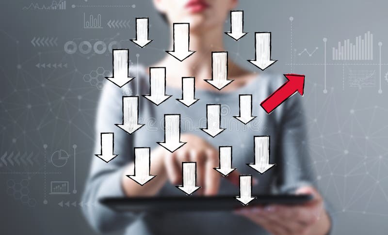 Arrow Going in a Different Direction with Woman Using a Tablet Stock ...
