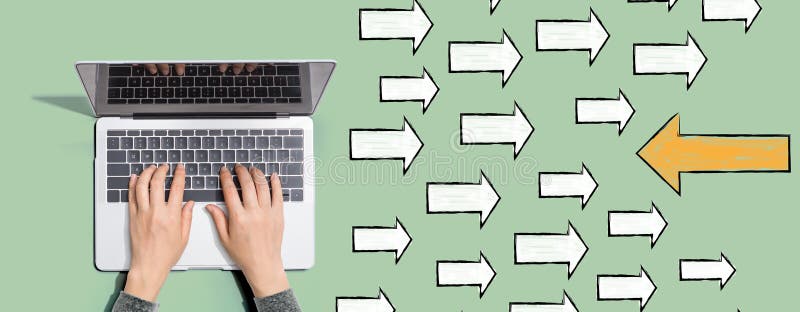 Arrow Going in the Opposite Direction with Person Using Laptop Computer ...