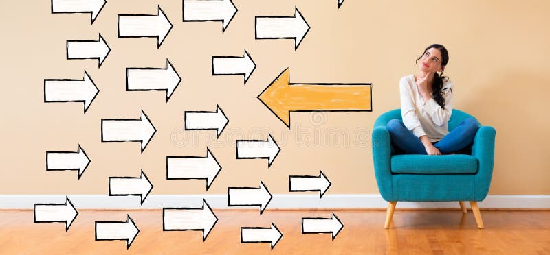 Arrow Going in the Opposite Direction with Woman in a Thoughtful Pose ...