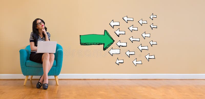 Arrow Going in the Opposite Direction with Woman Using a Laptop Stock ...