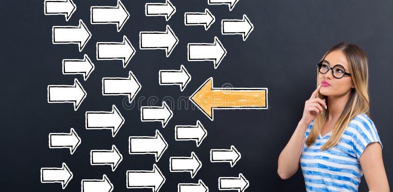 Arrow Going in a Opposite Direction with Young Woman Stock Image ...