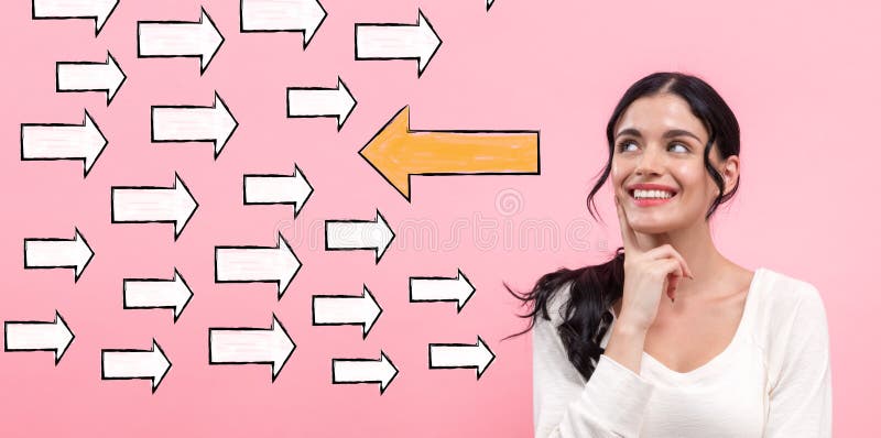 Arrow Going in the Opposite Direction with Young Woman Stock Image ...