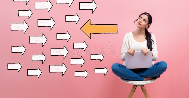 Arrow Going in the Opposite Direction with Woman Using a Laptop Stock ...