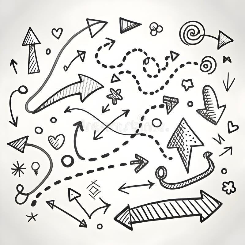 Arrow Hand Drawn Different Shape Direction Black Line Set Selection ...