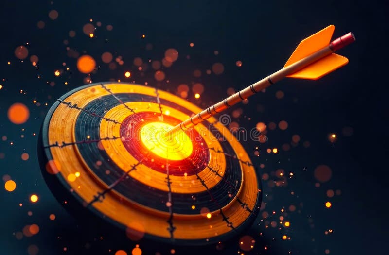 An Arrow Hits the Center of a Target, Surrounded by Glowing Particles ...