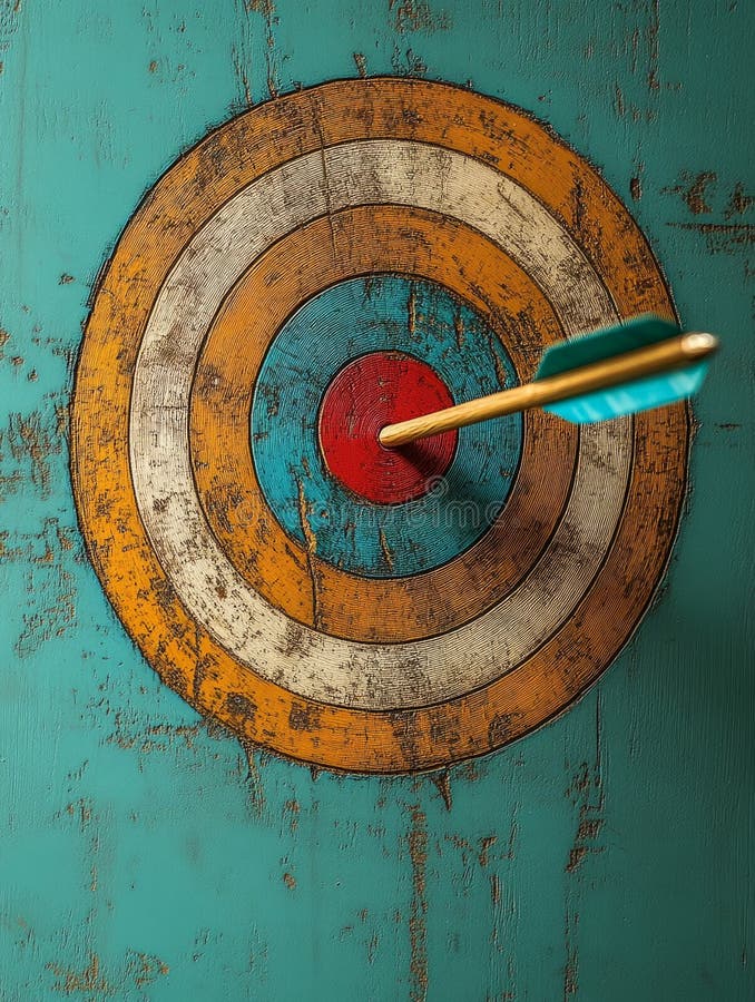 Arrow Hitting Bullseye on Vintage Target on Teal Wall Stock Photo ...