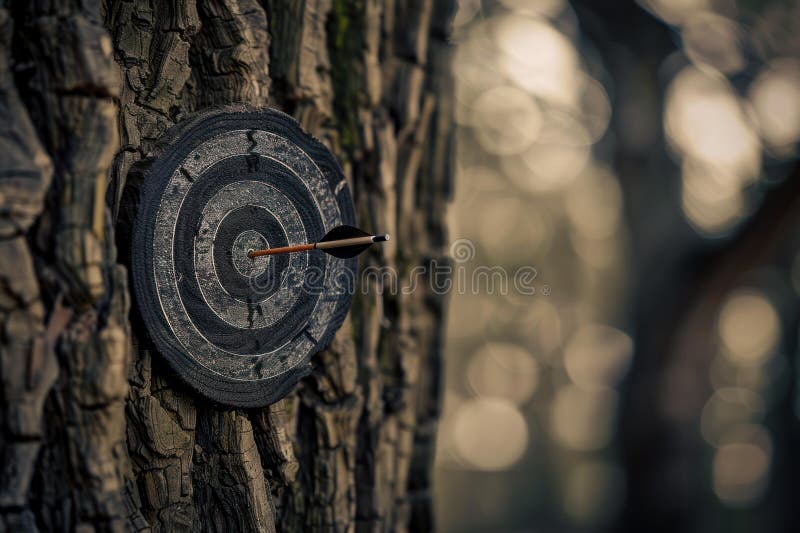 Arrow Hitting Center of Target on Tree in Forest Stock Photo - Image of ...