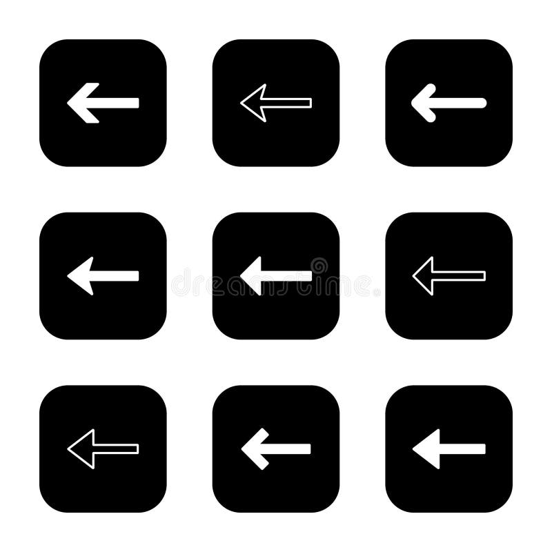 Arrow Icon Set on Black Square. Left Arrow Concept Stock Vector - Illustration of black ...