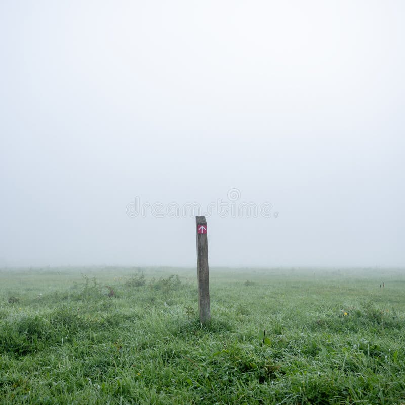 Arrow Indicates Hiking Route in Misty Meadow Stock Photo - Image of ...