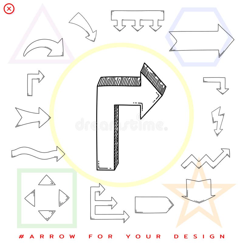Arrow Pointer Turn Right Isolated on White. Black Outline Sketch Stock ...