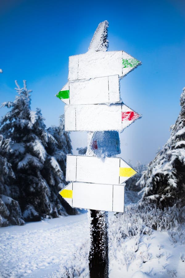 Arrow Pointer. Winter Snow-capped Mountains. Place for Text Stock Photo ...