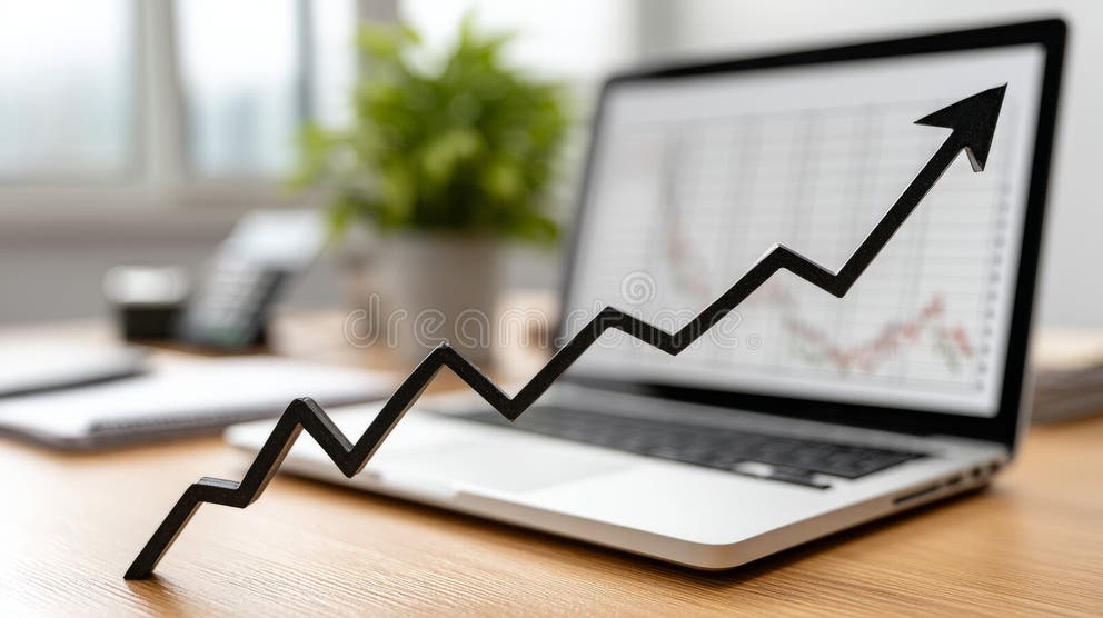 Arrow Rising in Front of Laptop Showing Growth Chart. Stock Photo ...