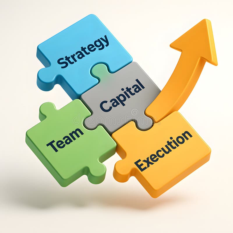 Arrow Rising through Puzzle Pieces Labeled Strategy Team Capital ...