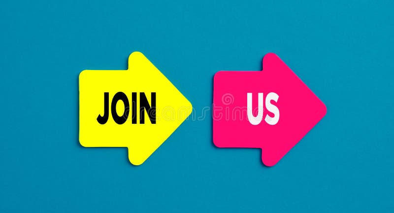 Arrow Shaped Stickers with the Message Join Us on Blue Background Stock ...
