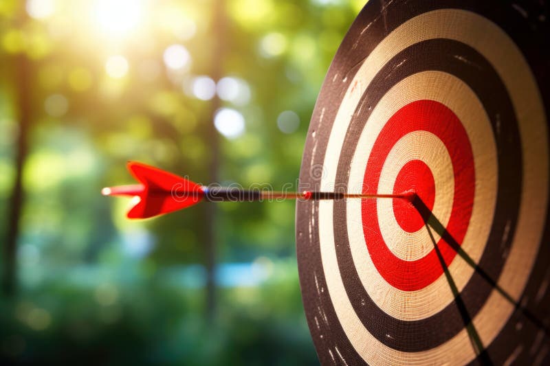 Arrow Striking the Bullseye on an Archery Target, Backlit by Sunlight ...