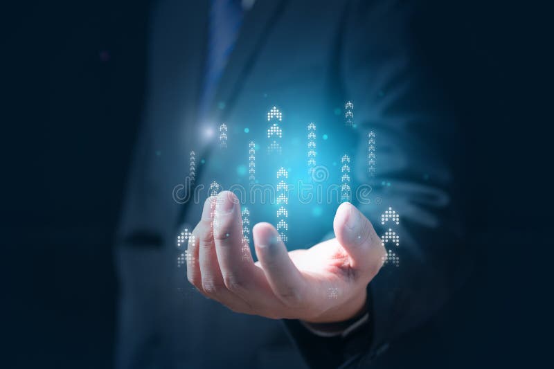 Arrow Upper Icon on Hands Increase Performance. Investment Growth Stock ...