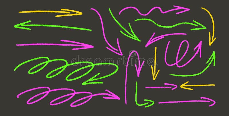 Arrows Highlights Hand Drawn Set. Neon Marker Straight and Curved Thin ...