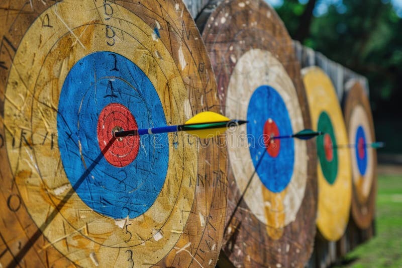 Arrows Hitting Target Center on Old Wooden Target Board during ...