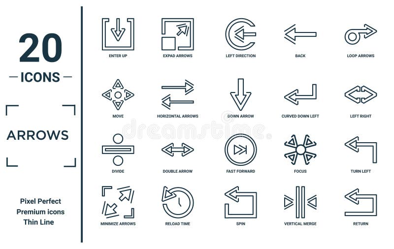 Arrows Linear Icon Set. Includes Thin Line Enter Up, Move, Divide, Minimize Arrows, Return, Down ...
