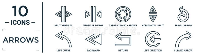 Arrows Linear Icon Set. Includes Thin Line Split Vertical, Three Curved Arrows, Spiral Arrow ...