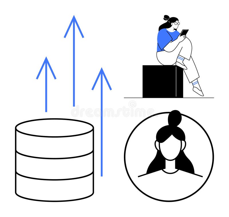 Data Growth Illustrated with Arrows, Female Profile, and Woman Using ...