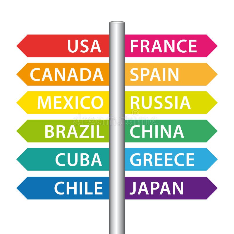 Arrows on Road Sign Indicating Multiple Countries. Colorful ...