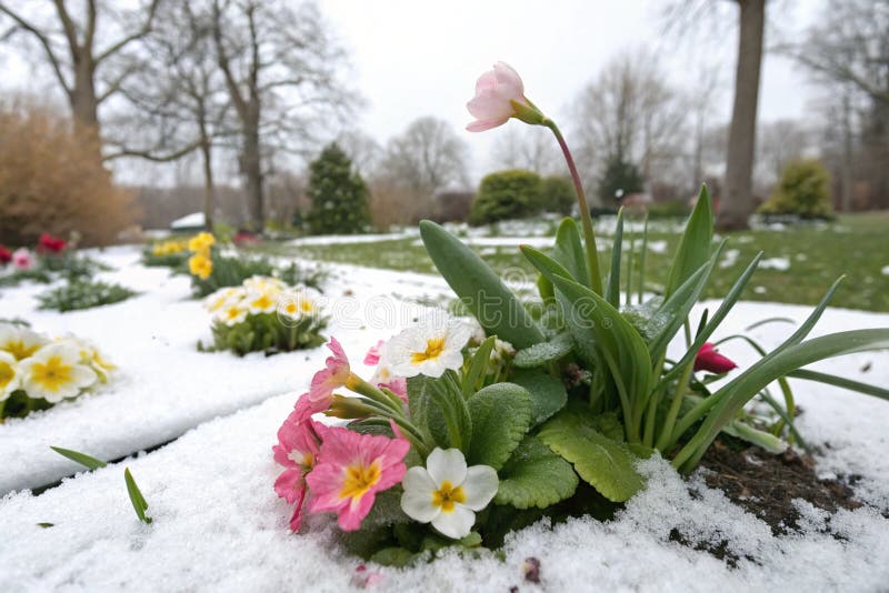 Art Beautiful Spring Flowers and Snow Stock Illustration - Illustration ...