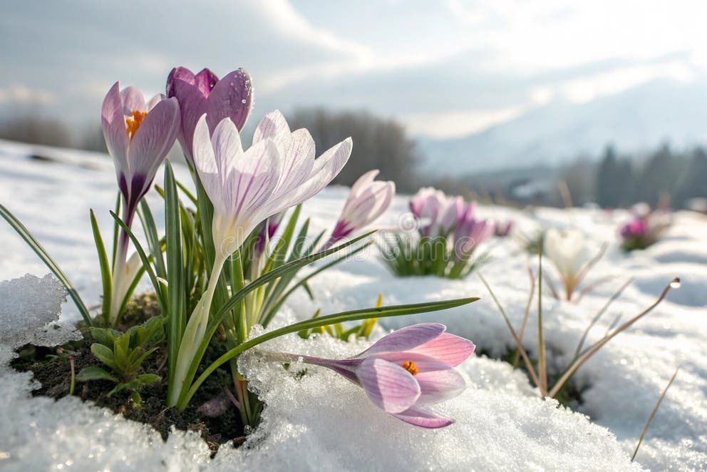 Art Beautiful Spring Flowers and Snow Stock Illustration - Illustration ...