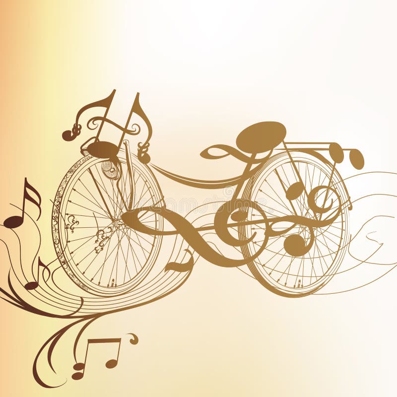 Music Background with Bike Wheel, Notes and Swirls in Vintage St Stock ...